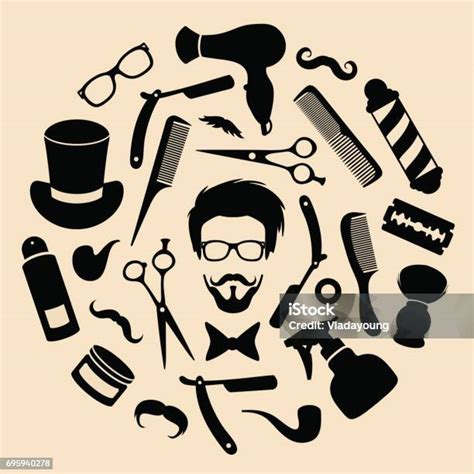 평면 스타일에 Hipster 얼굴로 이발소 아이콘 벡터 세트 미용 살롱 요소 컬렉션입니다 가위에 대한 스톡 벡터 아트 및 기타