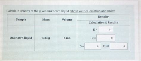 Solved Calculate Density Of The Given Unknown Liquid Show Chegg