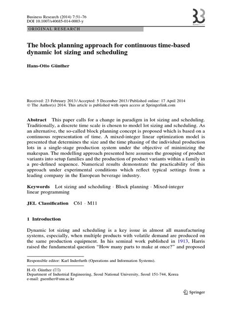 The Block Planning Approach For Continuous Time Based Dynamic Lot Sizing And Scheduling Pdf