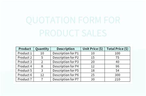 Quotation Form For Product Sales Excel Template And Google Sheets File For Free Download