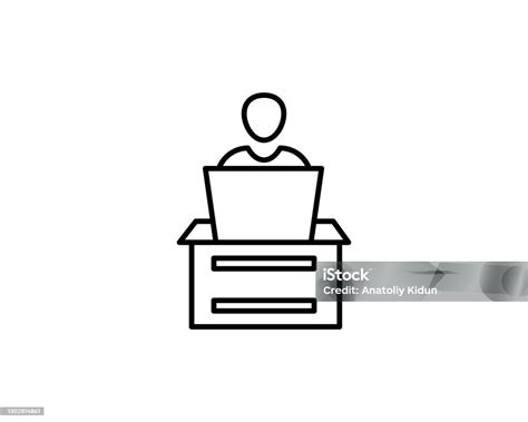 원격 작업 책상 디자이너 프리랜서에서 라인 기호 노동자 남자 코워킹 및 작업장 또는 작업 공간의 집합 아이콘에서 윤곽선 스타일의 아이콘입니다 사용자 지정 벡터 픽토그램 편집