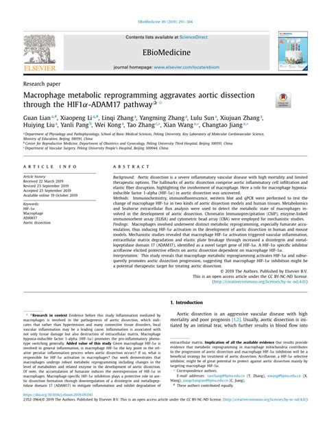 Pdf Macrophage Metabolic Reprogramming Aggravates Aortic Dissection Through The Hif1α Adam17