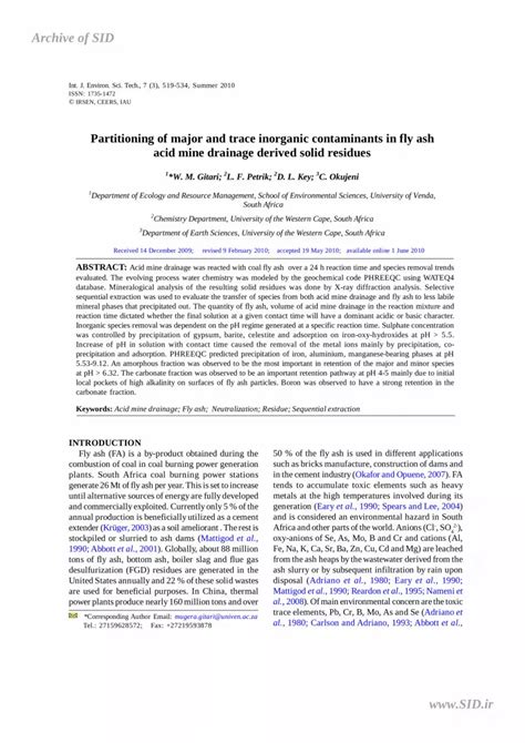 Pdf Partitioning Of Major And Trace Inorganic Contaminants In Fly Ash Acid Mine Drainage