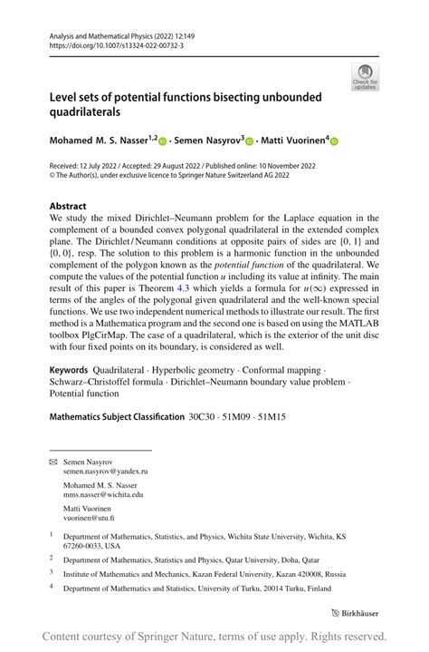 Level Sets Of Potential Functions Bisecting Unbounded Quadrilaterals Request Pdf