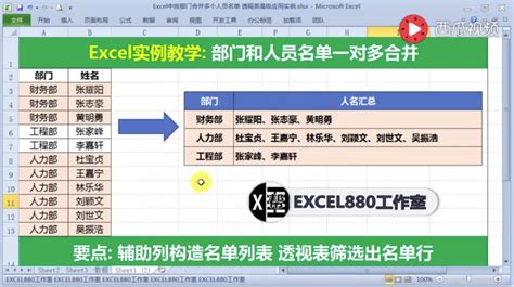 【视频教程】excel部门名单合并 合并同类项 一对多合并 巧用透视表实例讲解 Excel实例教学网 微信公众号excel880 郑广学网络服务工作室