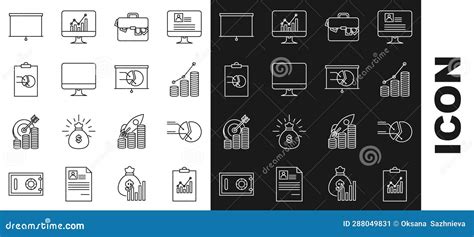 Set Line Clipboard With Graph Chart Pie Infographic And Coin Briefcase Money Computer
