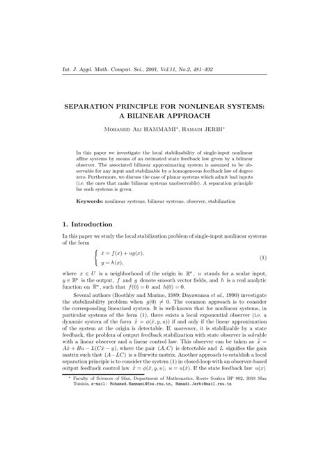 Pdf Separation Principle For Nonlinear Systems A Bilinear Approach