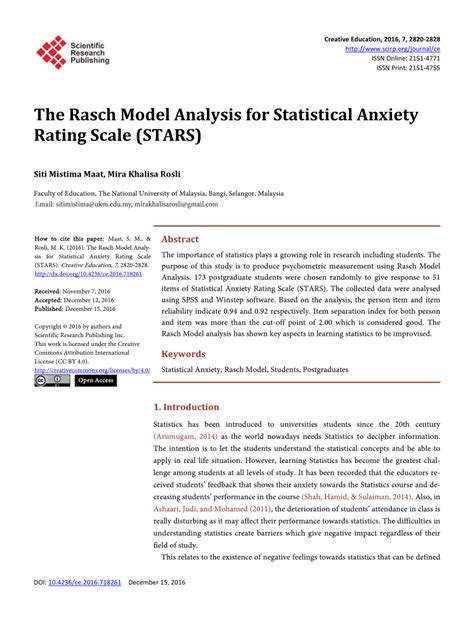Pdf The Rasch Model Analysis For Statistical Anxiety Rating Scale Stars
