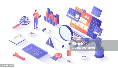 소프트웨어 테스팅 프로세스 평가 소프트웨어 응용 프로그램 또는 웹 사이트 컴퓨터 코드 분석 식별 결함 제거 버그 오류 웹 그래픽을 위한 사람 장면이 있는 아이소메트리 그림