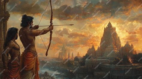 Epic Portrayal Of Lord Rama Aiming His Bow With An Arrow Standing Next