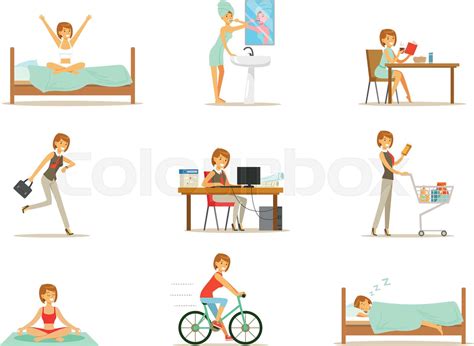 Modern Woman Daily Routine From Morning To Evening Series Of Cartoon Illustrations With Happy