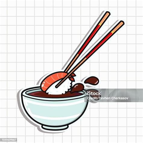 귀여운 재미있는 간장 스티커 그릇 벡터 손으로 그린 만화 Kawaii 캐릭터 그림 아이콘입니다 배경에서 격리되었습니다 간장