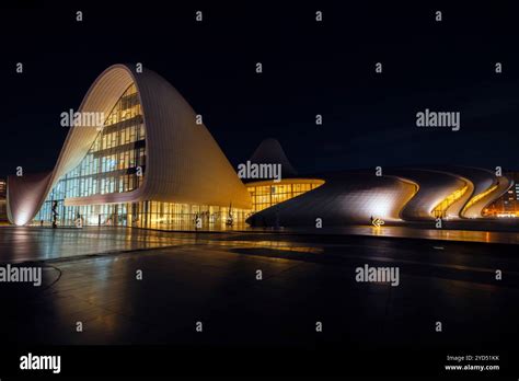 Night View Of The Heydar Aliyev Center Building Complex In Baku