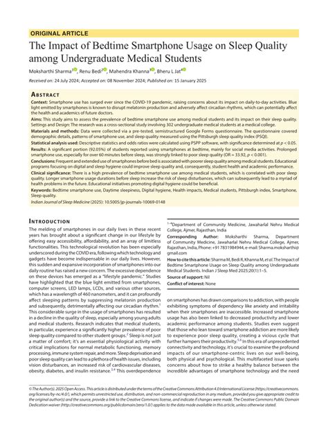 Pdf The Impact Of Bedtime Smartphone Usage On Sleep Quality Among Undergraduate Medical Students