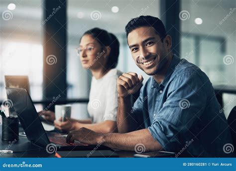 man portrait and happy programmer on laptop in office for deadline at