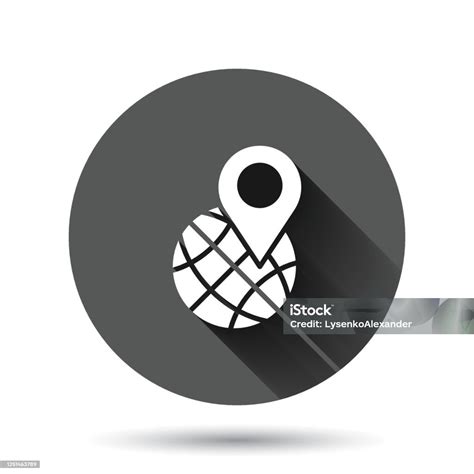플랫 스타일의 글로벌 탐색 아이콘 긴 그림자 효과와 검은 둥근 배경에 글로브 핀 Gps 벡터 그림 행성 방향 원 버튼 비즈니스 개념 거리에 대한 스톡 벡터 아트 및 기타