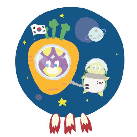 당근우주선을 타고 태극기 펄럭 귀여운 캐릭터 그림 일러스트레이션
