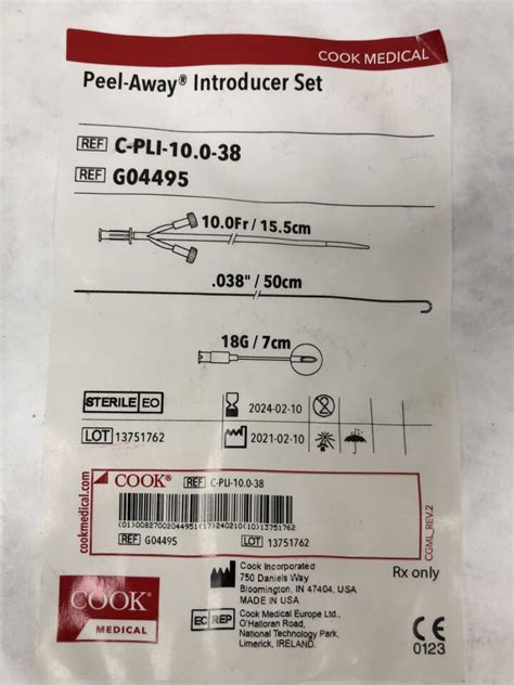 New Cook G04495 Peel Away Introducer Set 10f 0038in 18g Disposables