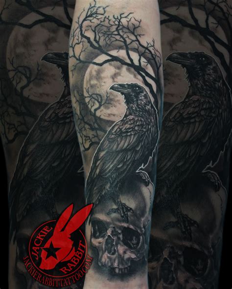 Raven Crow Perched Sitting Skull Full Moon Tree Branch Creepy Best