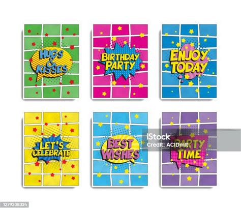 복고풍 팝 아트 스타일의 생일 배너 또는 인사말 카드 템플릿 세트 빈티지 홀리데이 일러스트는 쉽게 편집하고 사용자 정의 할 수