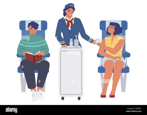 Flight Service Vector Stewardesses And Passenger Inside Plane Stock Vector Image And Art Alamy