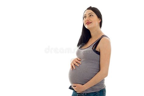 Beautiful Pregnant Woman Already Big Belly Posing Studio White