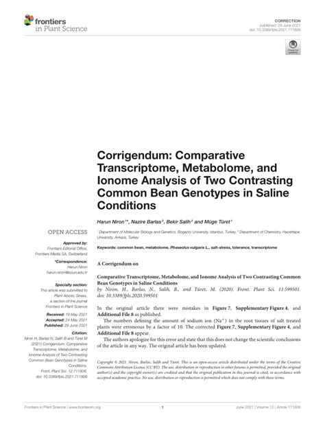 Pdf Corrigendum Comparative Transcriptome Metabolome And Ionome