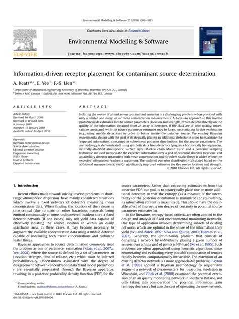 Pdf Information Driven Receptor Placement For Contaminant Source Determination