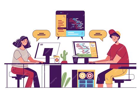 Premium Vector Coders Programmers Developers Characters Collaborating And Working At New Code