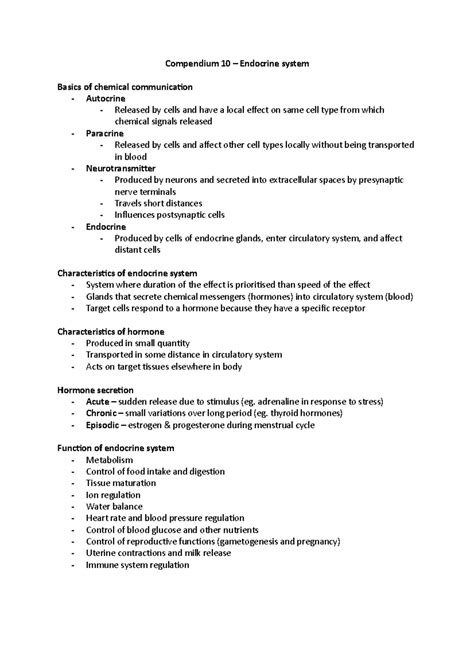 Compendium 10 Notes Compendium 10 Endocrine System Basics Of