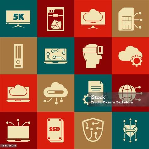 프로세서 클라우드 데이터 전송 및 저장 컴퓨터 모니터 화면 노트북 비디오 게임 콘솔 5k 비디오 및 가상 현실 안경 아이콘이 있는 모니터 디스플레이를 설정합니다 벡터 3차원