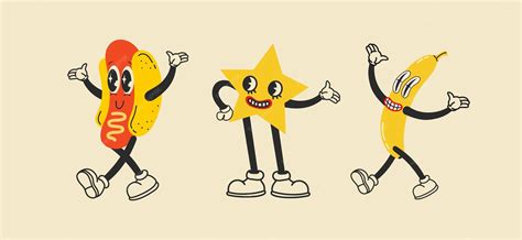 그루비 히피 러브 스티커 캐릭터 유행하는 복고풍 60년대 70년대 만화 스타일의 빈티지 격리 벡터 삽화에 날개가 달린 만화 행복한 버섯 핫도그와 구름 캐릭터 프리미엄 벡터