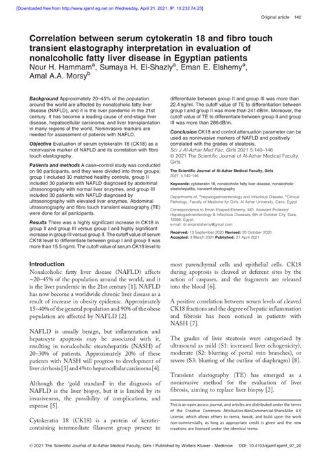 Pdf Correlation Between Serum Cytokeratin 18 And Fibro Touch Transient Elastography