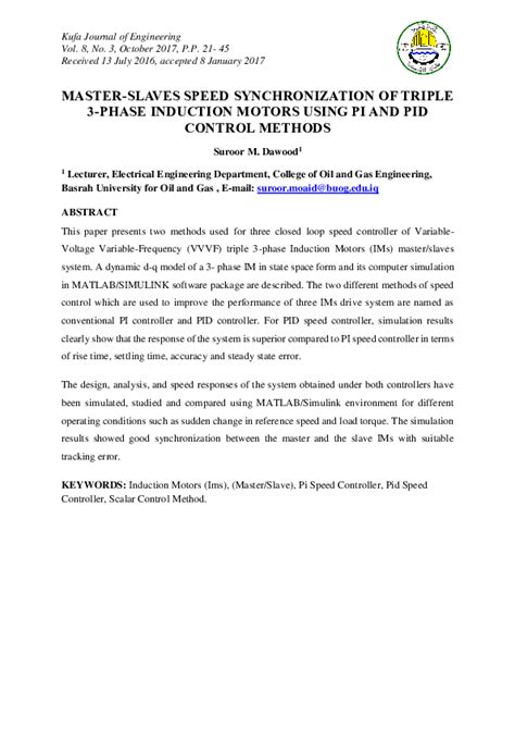 Pdf Master Slaves Speed Synchronization Of Triple 3 Phase Induction Motors Using Pi And Pid