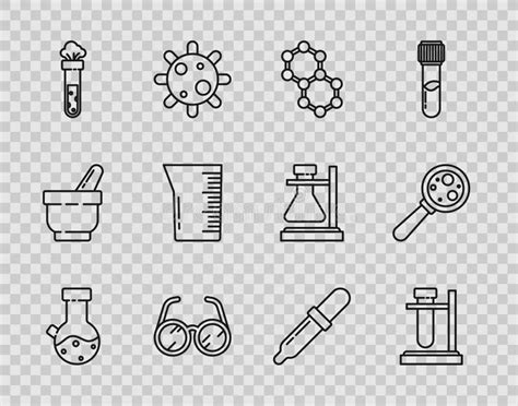 Set Line Test Tube And Flask Chemical On Stand Molecule Laboratory Glasses Glassware Beaker