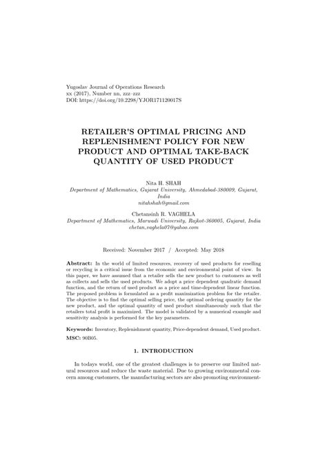 Pdf Retailers Optimal Pricing And Replenishment Policy For New Product And Optimal Take Back