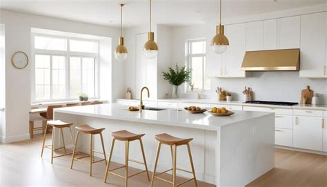 A Kitchen With A White Island And A Kitchen Island With A Bowl Of Fruit