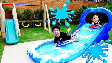 예준이 집에 워터 슬라이드 만들기 서프라이즈 키즈풀 어린이 수영장 물놀이 놀이터 미끄럼틀 타기 인텍스 Intex Surf Water Slide In House Youtube