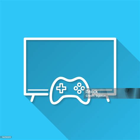 게임패드가 있는 Tv 파란색 배경에 아이콘 긴 그림자가 있는 평면 디자인 3차원 형태에 대한 스톡 벡터 아트 및 기타 이미지 3차원 형태 개념 게이머 Istock