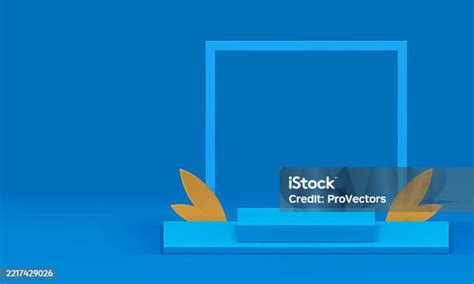 프리젠 테이션을위한 황금 잎이 달린 블루 3d 포디움 받침대는 사실적인 벡터 일러스트 레이 션을 제공합니다 3차원 형태에 대한 스톡 벡터 아트 및 기타 이미지 Istock