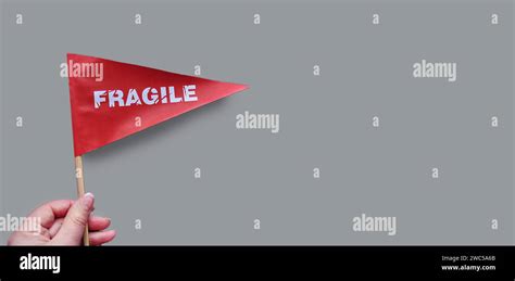 Small Paper Flags In Hand With The Warning Fragile As A Label The Concept Of Fragile Products