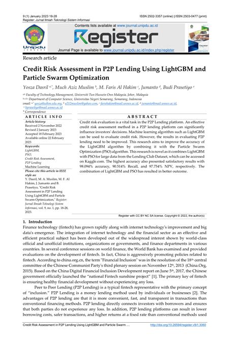 Pdf Credit Risk Assessment In P2p Lending Using Lightgbm And Particle Swarm Optimization