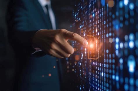 Premium Photo Businessman Pressing Lock Icon With Binary Code Cyber