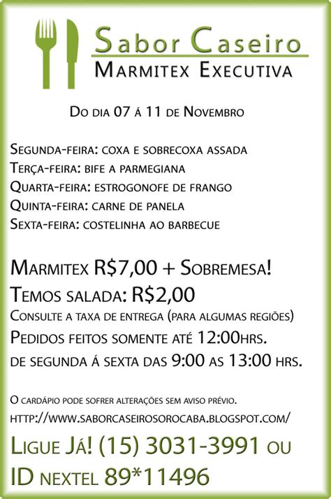 Seu Almoço Do Jeito Que Você Gosta Cardápio Do Dia 07 á 11 De Novembro