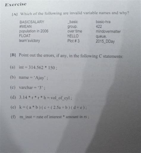 Solved A Which Of The Following Are Invalid Variable Names