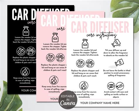 Car Diffuser Care Card Printable Car Diffuser Care Guide Editable Car
