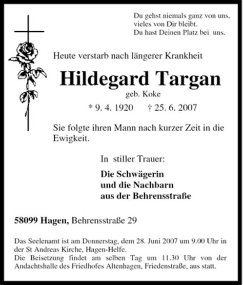 Traueranzeigen Von Hildegard Targan Trauer In Nrw De