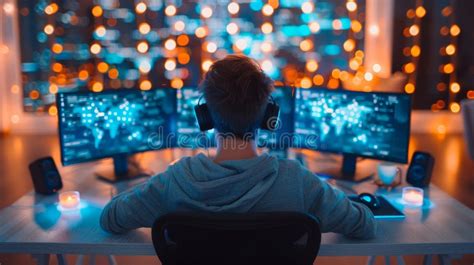 Gamer At Multi Screen Setup With Headphones Stock Illustration