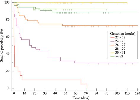 Kaplan Meier Curve Of Survival In Relation To Gestational Age In The