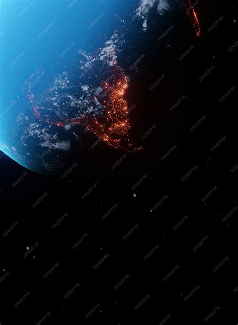 지구 에너지 소비 전력 산업 생태 개념의 남아메리카와 북미 영화 3d 렌더링을 보여주는 밤에 우주에서 본 현실적인 지구 행성 프리미엄 사진